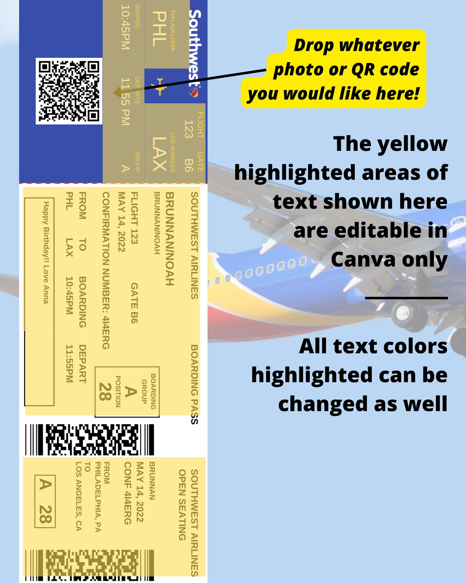 Editable Boarding Pass Ticket Template Surprise Airline Gift - Etsy