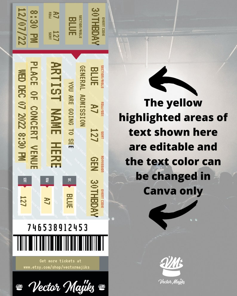 Concert Ticket Template Gift Certificate Personalized Event - Etsy