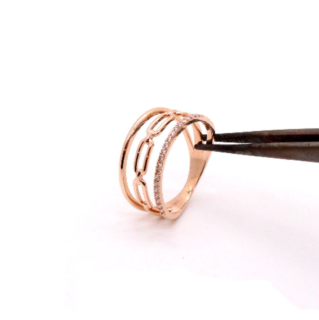 Triple Band Ring 14K Solid Gold Filled Diamond Chain Ring, in Yellow Gold, White Gold and Rose ...