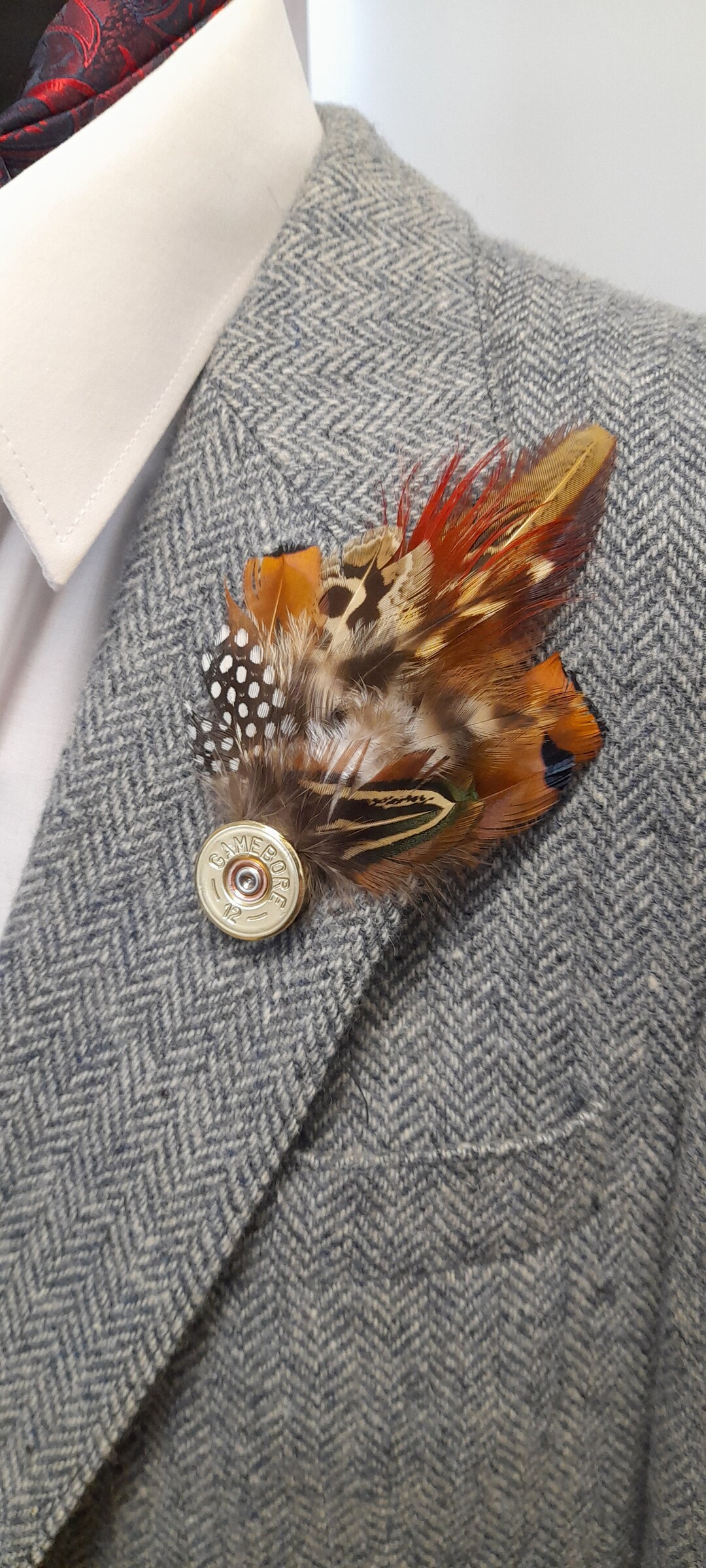 Handcrafted Feather Shotgun Shell Lapel Pin Wedding Buttonhole Hatpin ...
