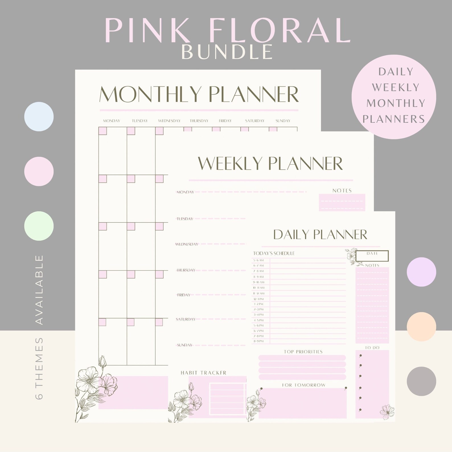 Pastel Pink Floral Printable and Digital Daily, Weekly and Monthly ...