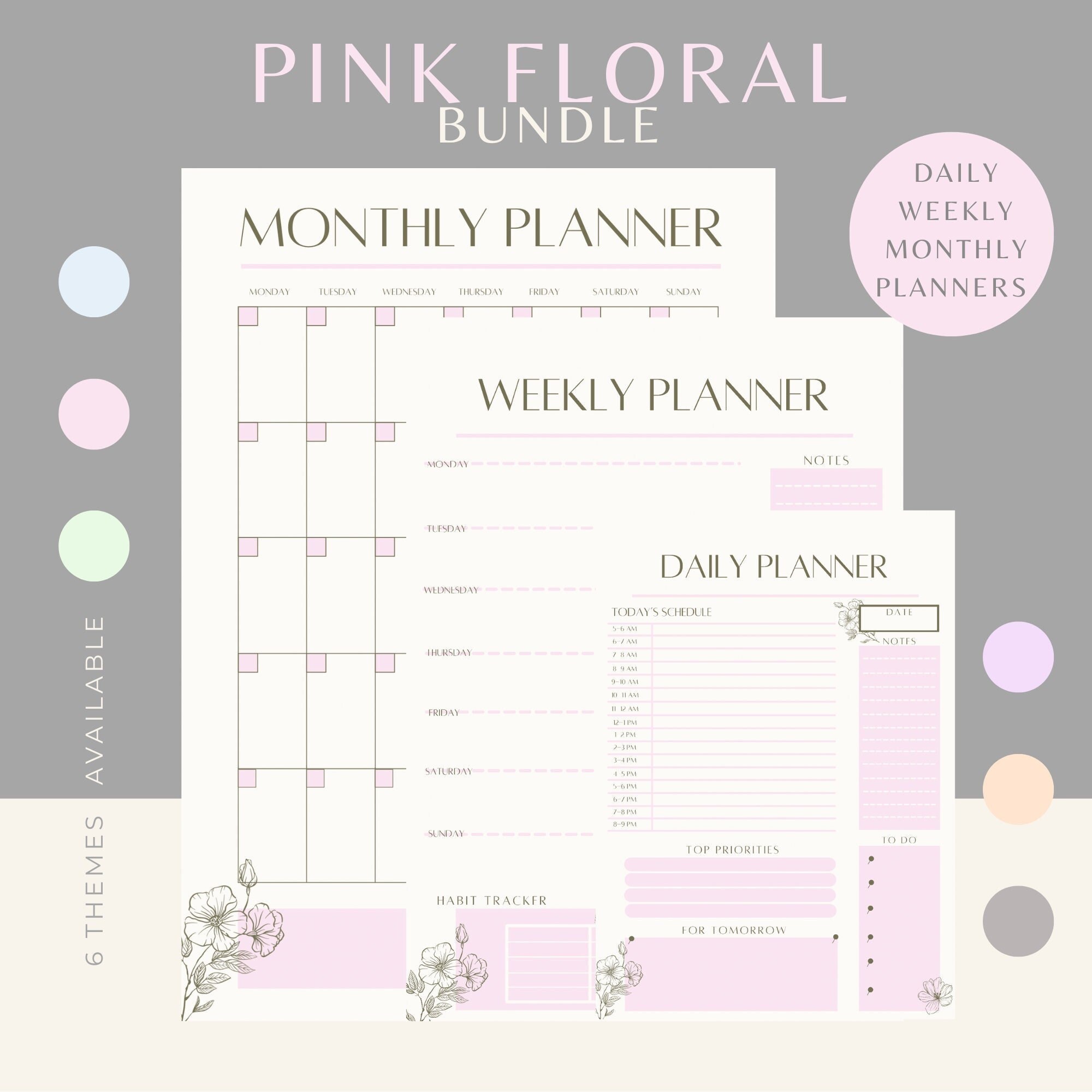 Pastel Pink Floral Printable and Digital Daily, Weekly and Monthly ...