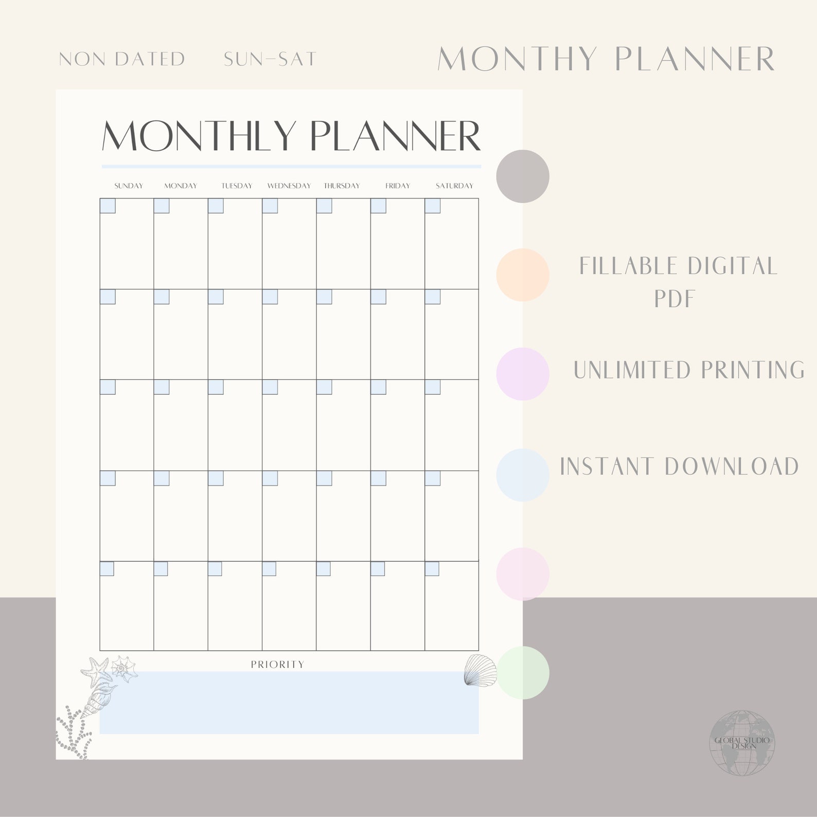 Pastel Blue Shells Printable and Digital Daily, Weekly and Monthly ...