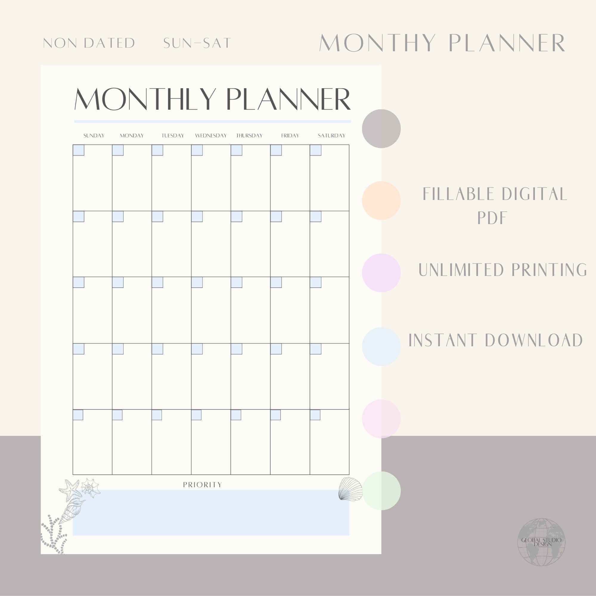 Pastel Blue Shells Printable and Digital Daily, Weekly and Monthly ...