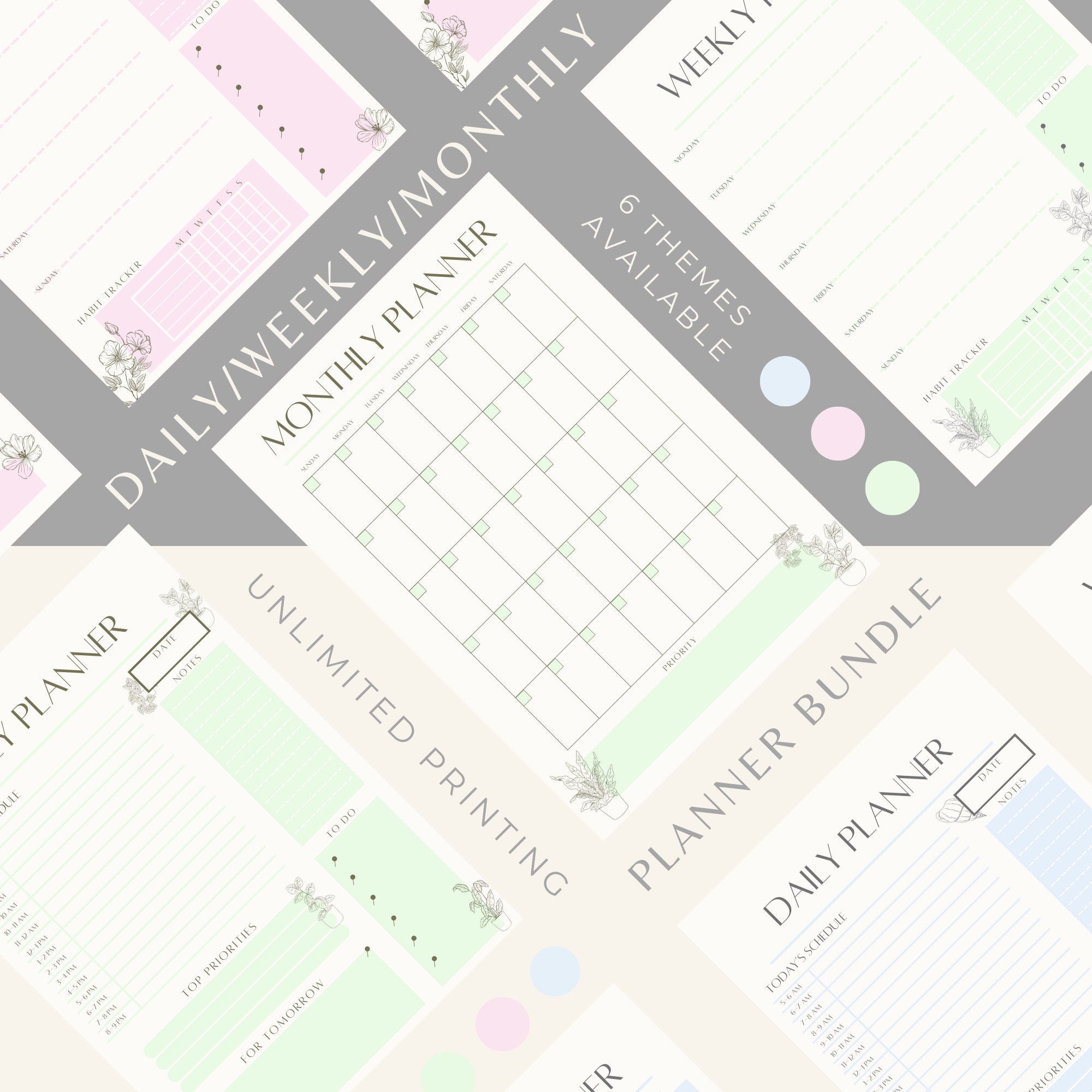 Pastel Green Plants Printable and Digital Daily, Weekly and Monthly ...