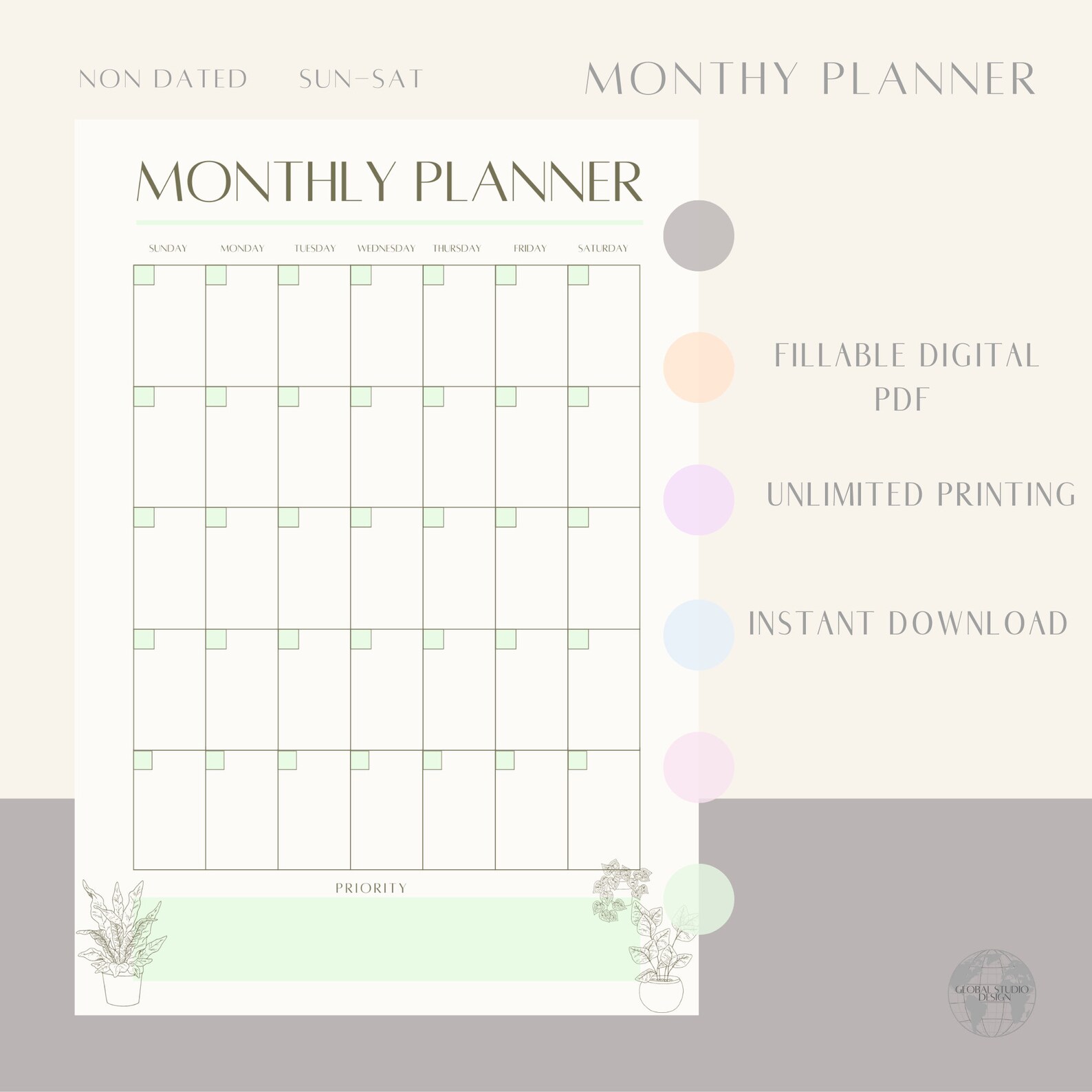 Pastel Green Plants Printable and Digital Daily, Weekly and Monthly ...
