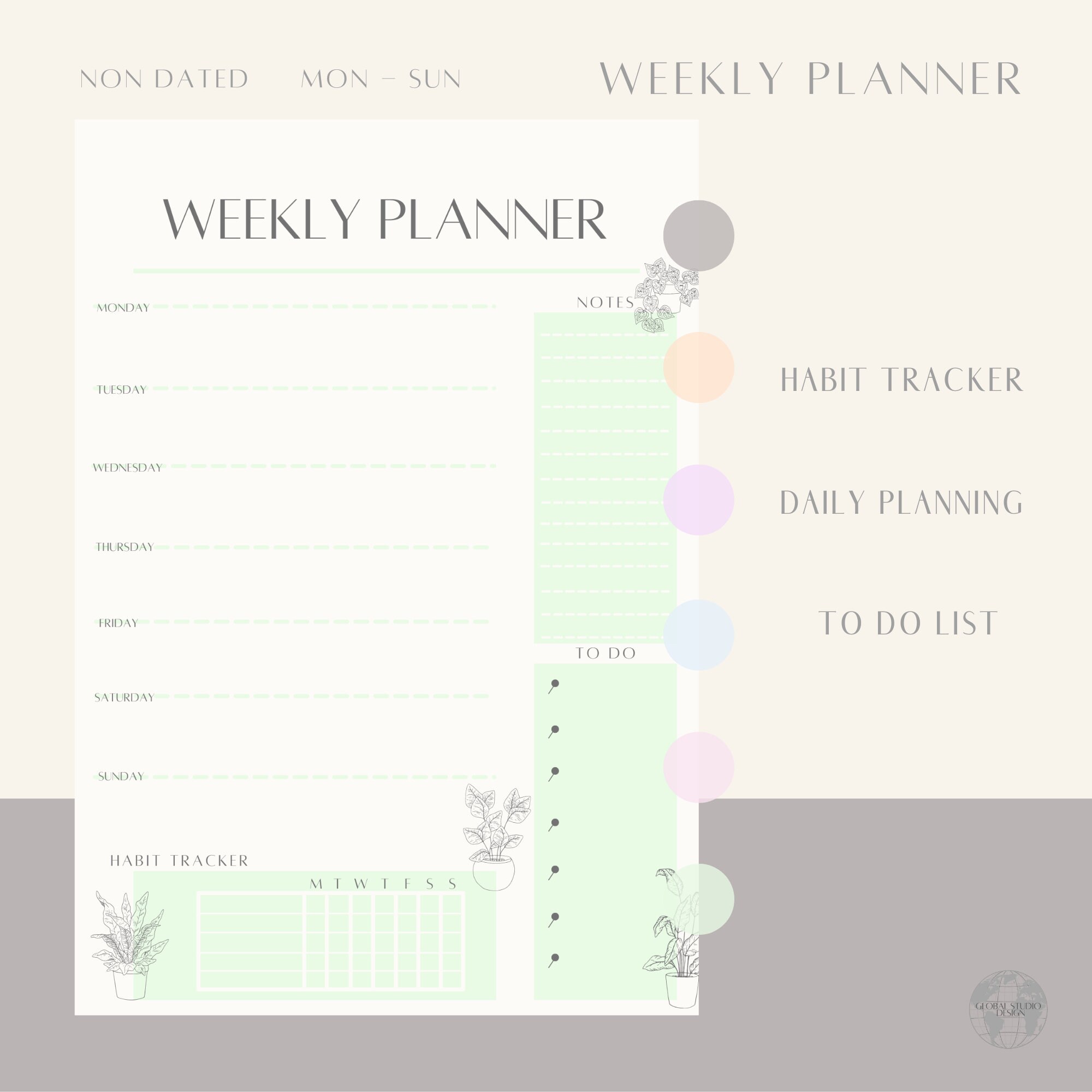 Pastel Green Plants Printable and Digital Daily, Weekly and Monthly ...
