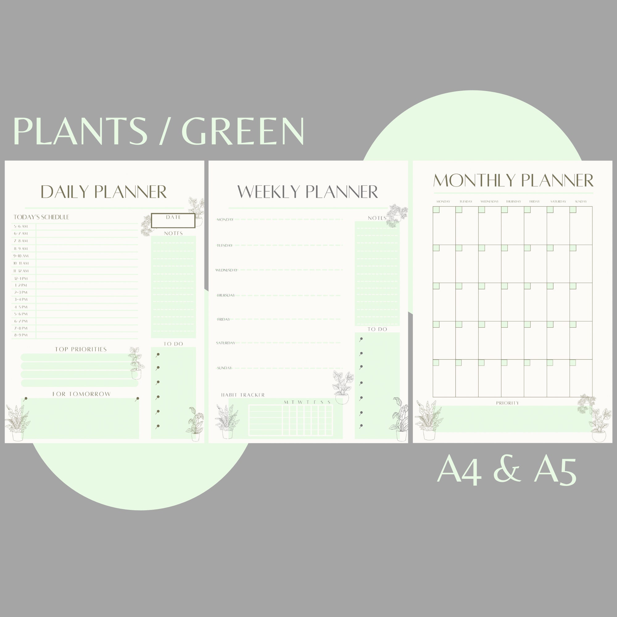 Pastel Green Plants Printable and Digital Daily, Weekly and Monthly ...