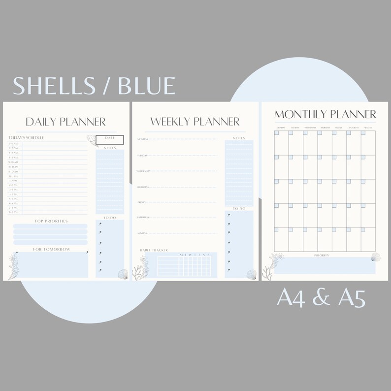 Pastel Blue Shells Printable and Digital Daily, Weekly and Monthly ...