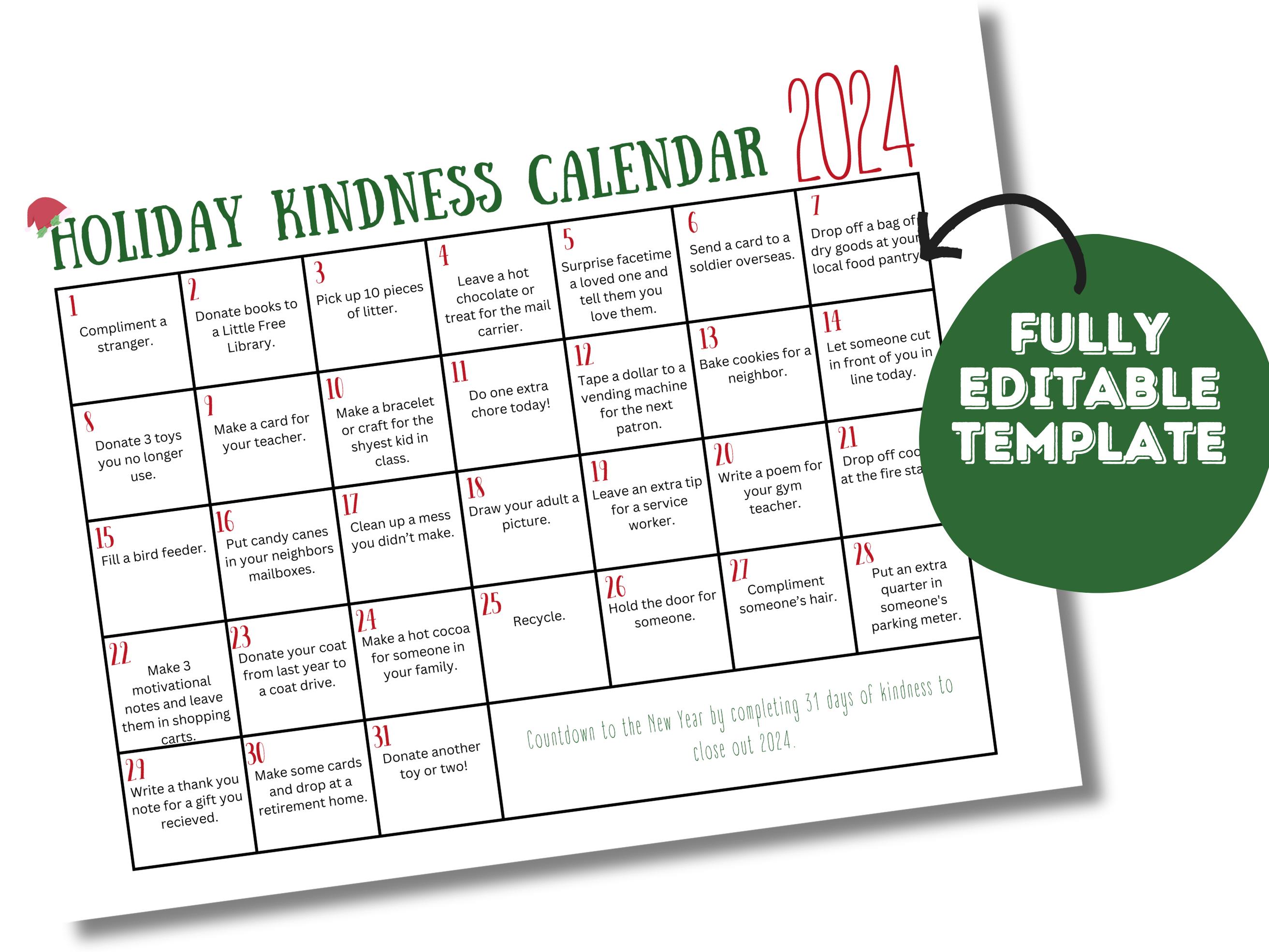 Christmas Acts of Kindness Calendar | Editable Christmas Holiday ...