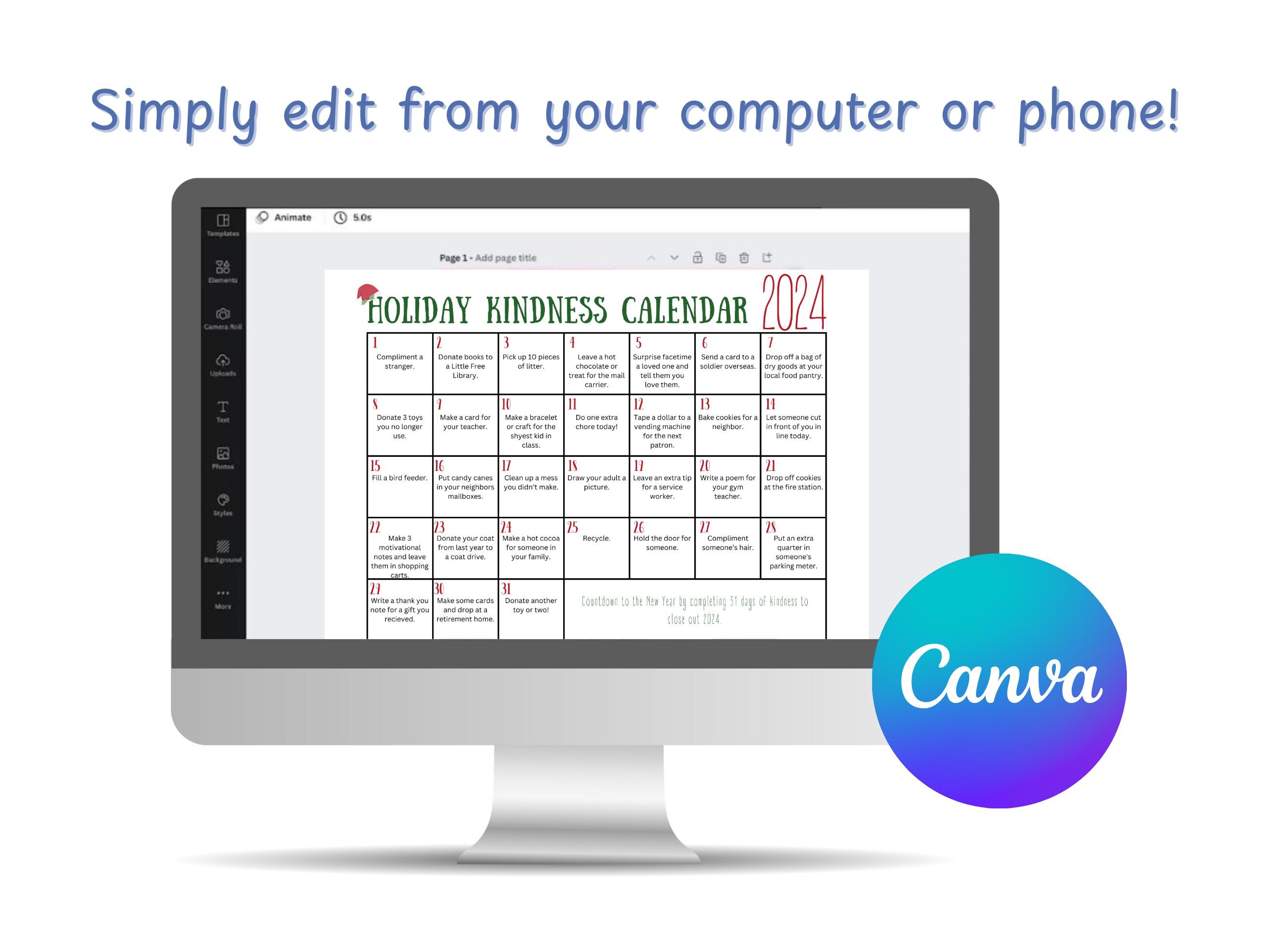 Christmas Acts of Kindness Calendar | Editable Christmas Holiday ...