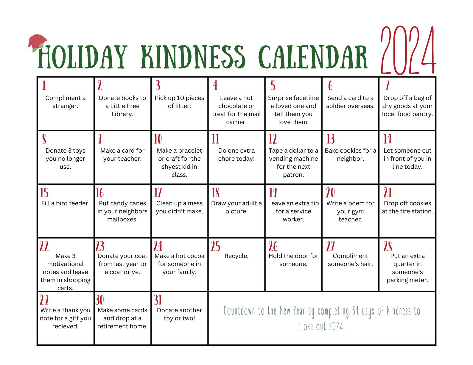 Christmas Acts of Kindness Calendar | Editable Christmas Holiday ...