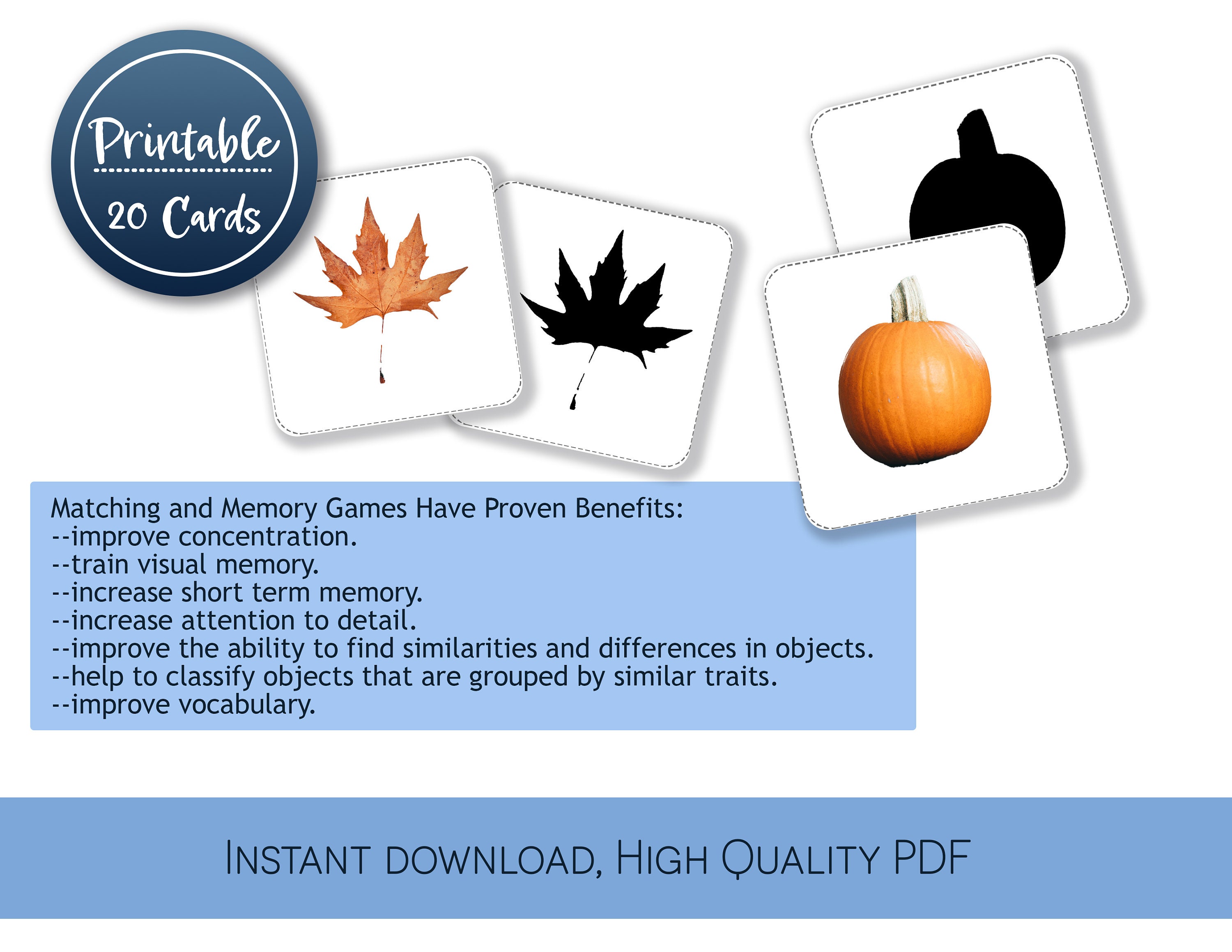 Autumn Shadow Matching Cards Montessori Printable Activity Toddler ...