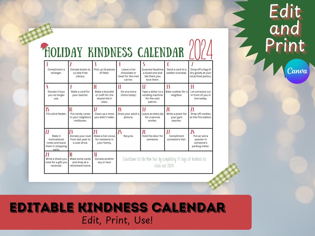 Christmas Acts of Kindness Calendar | Editable Christmas Holiday ...