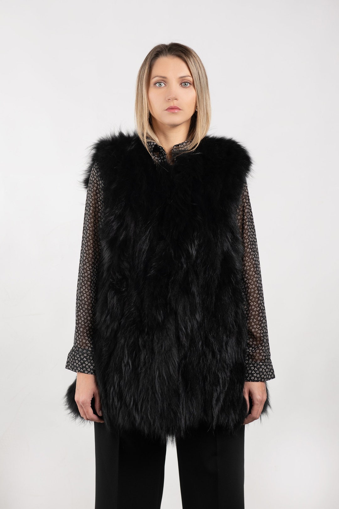 Fur Vest Black Plush Finn Raccoon Gilet Sizes S to 2XL Elegant Warm ...