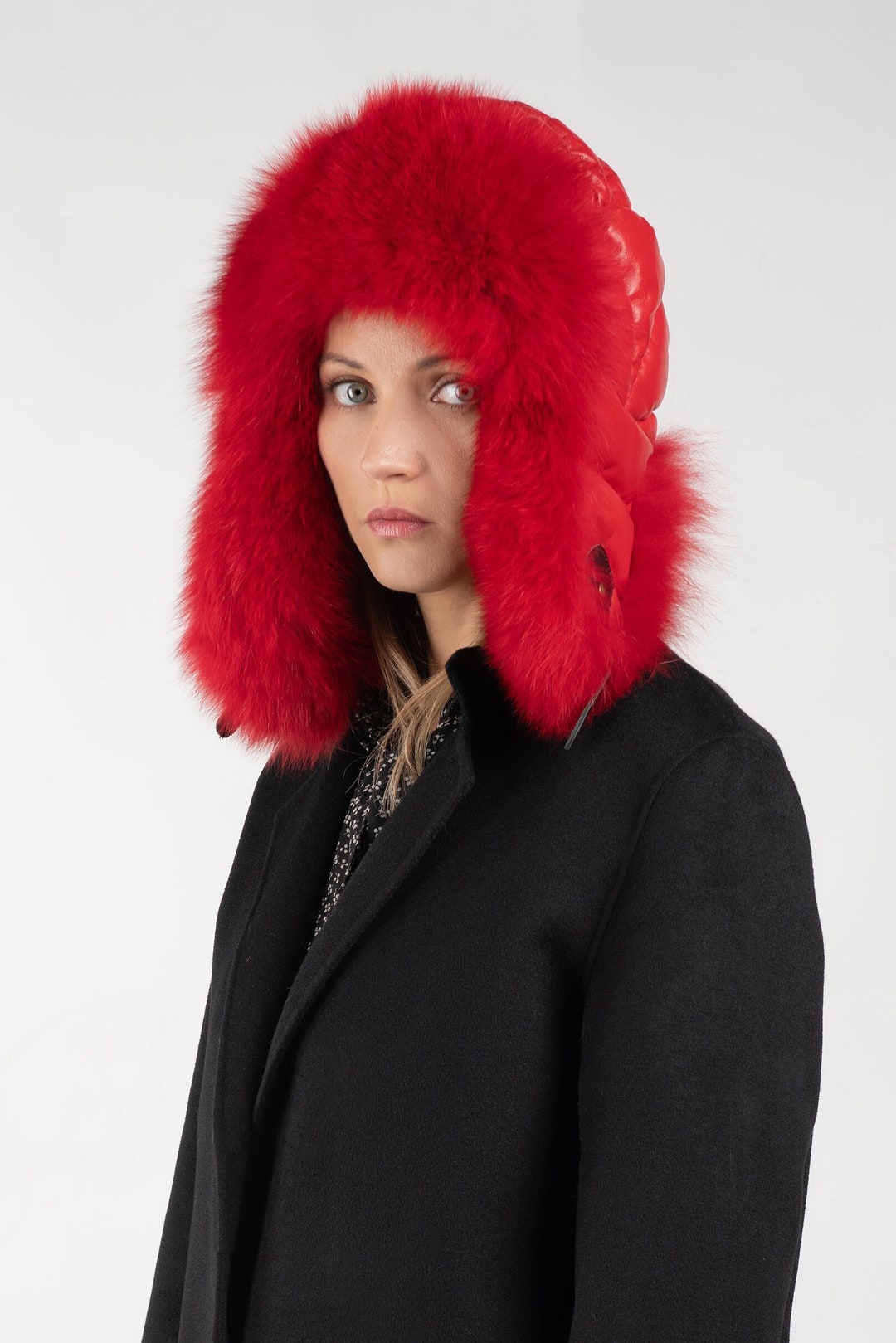 Red Fox Fur Hat Puffy Padded With Ear Flaps Trapper Hat - Etsy