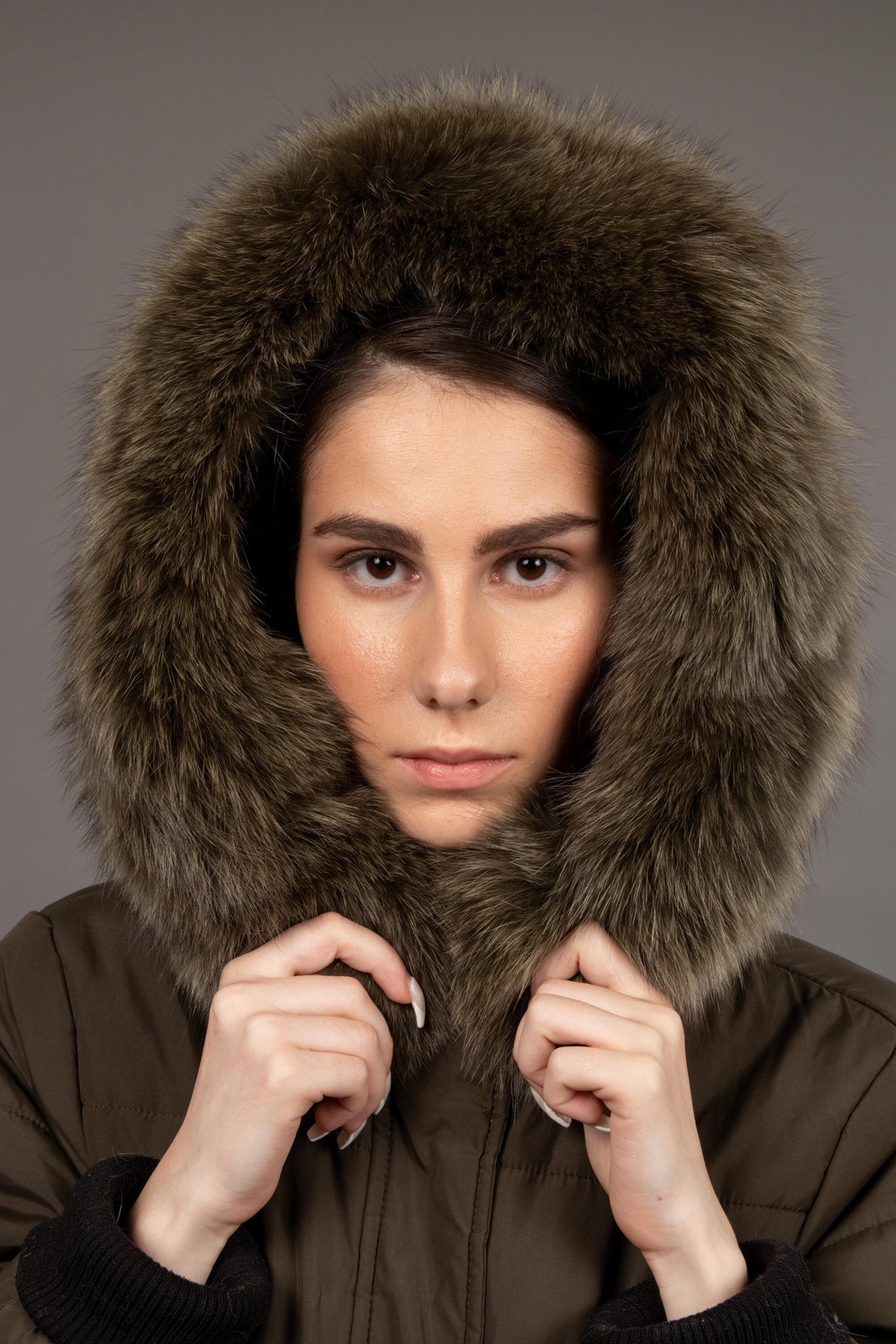 Voluminous Fur Ruff for Hood Olive Green Natural Fox Adds Warmth Style ...