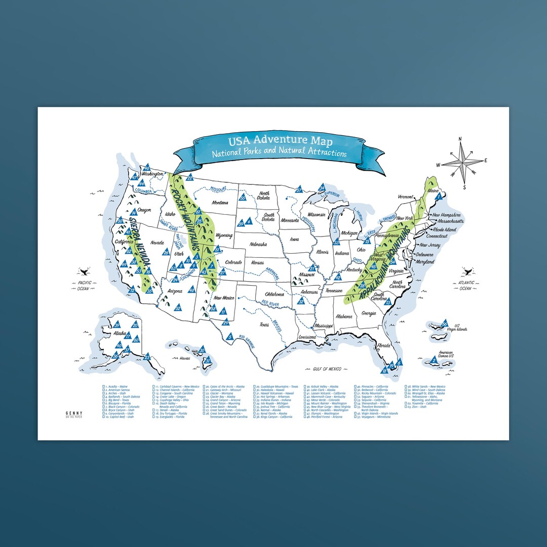 USA Adventure Map With National Parks and Natural Attractions Including ...