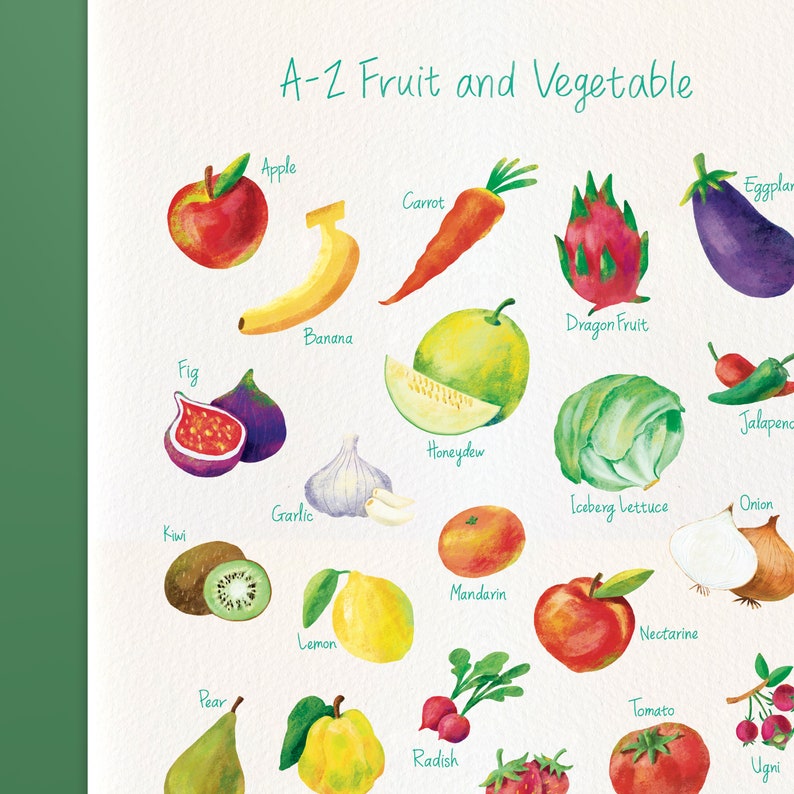 Fruit & Vegetable Alphabet Nursery Poster: A-Z Cotton Rag Giclée Print ...