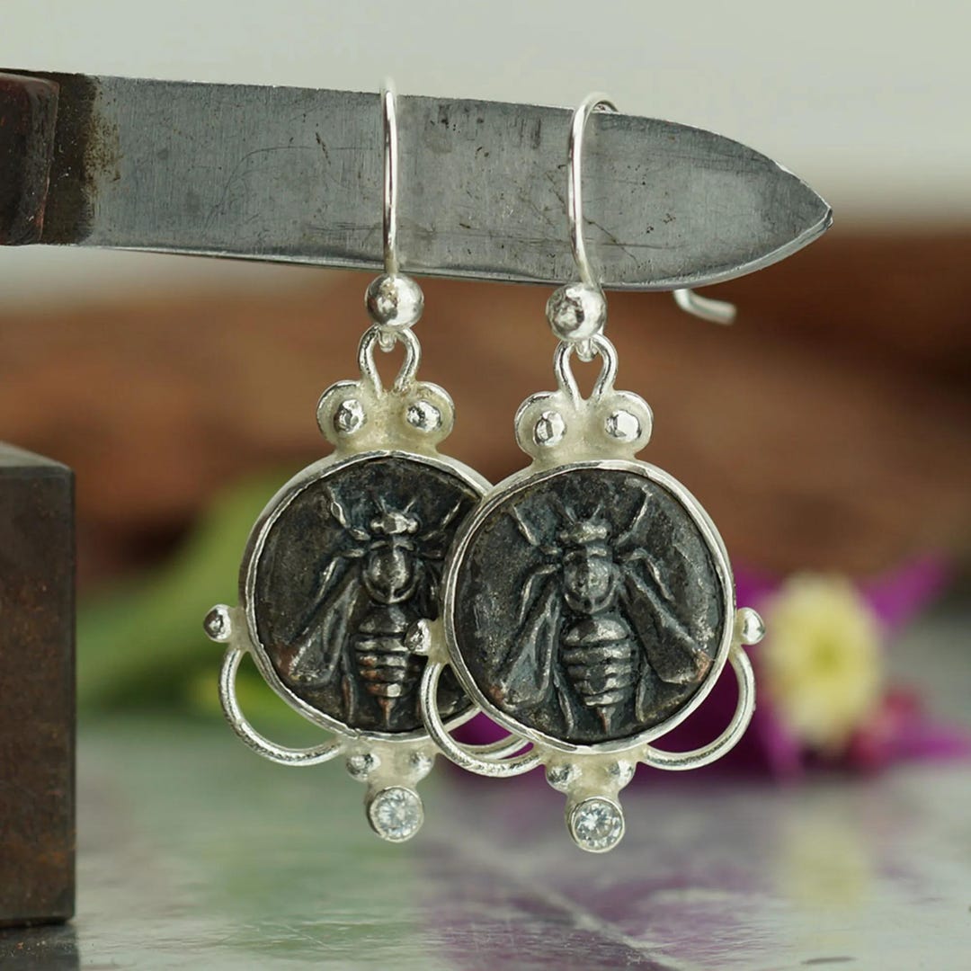 Sultan Honey Bee Oxidized Coin Earrings, Sterling Silver, Gift for Mom ...