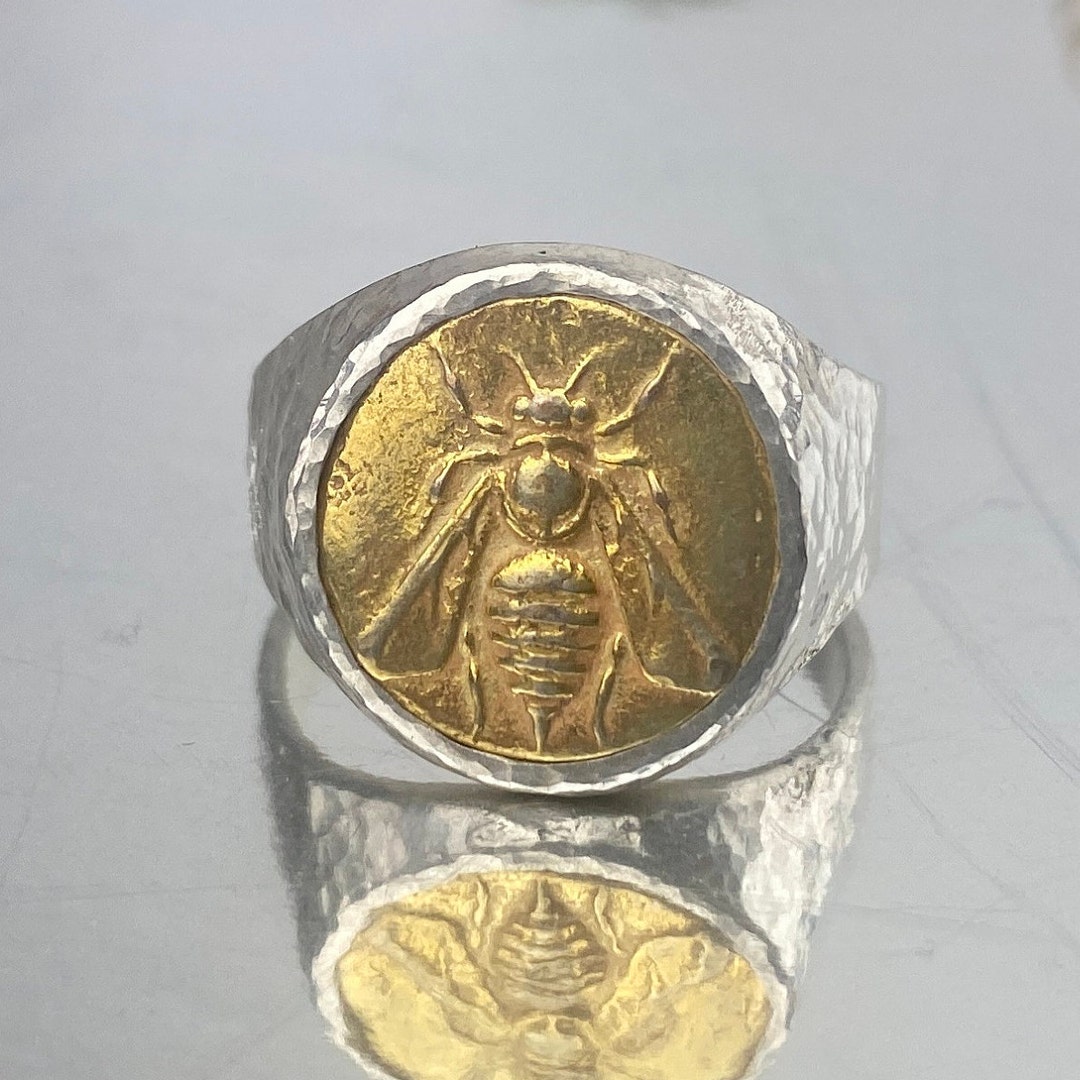 Sultan Men's Honey Bee Coin Signet Ring Handmade 925 K Sterling Silver ...