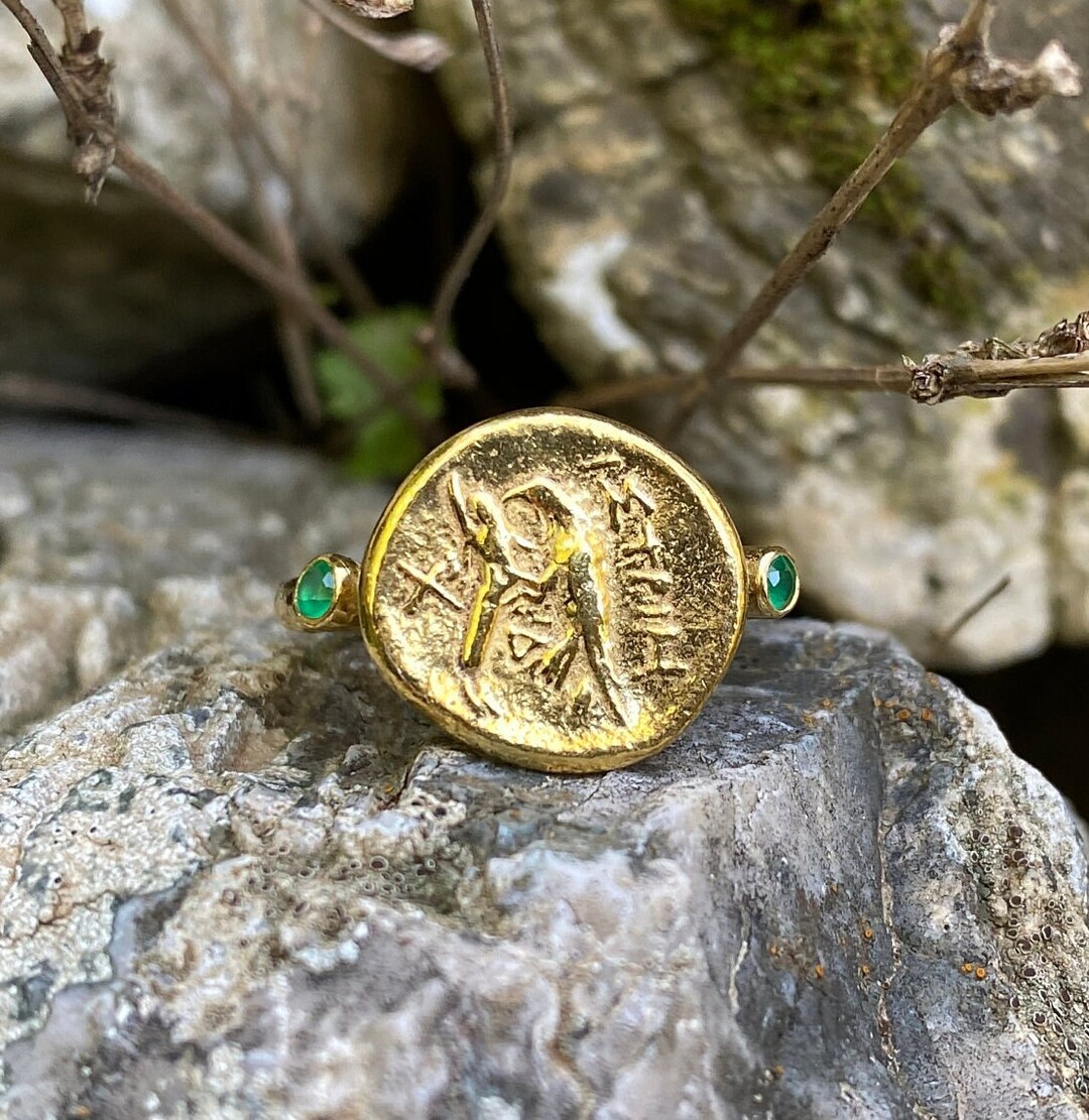 Sultan Ancient Greek Raven Signet Coin Ring , 24K Gold Plated 925 ...