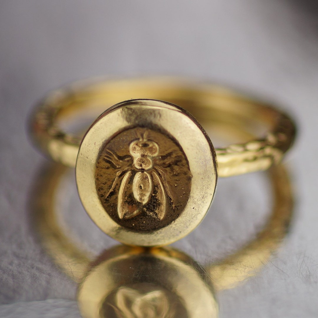 Gold Bee Ring, Honey Bee Signet Ring, Pinky Ring, Bee Jewelry, Sterling ...
