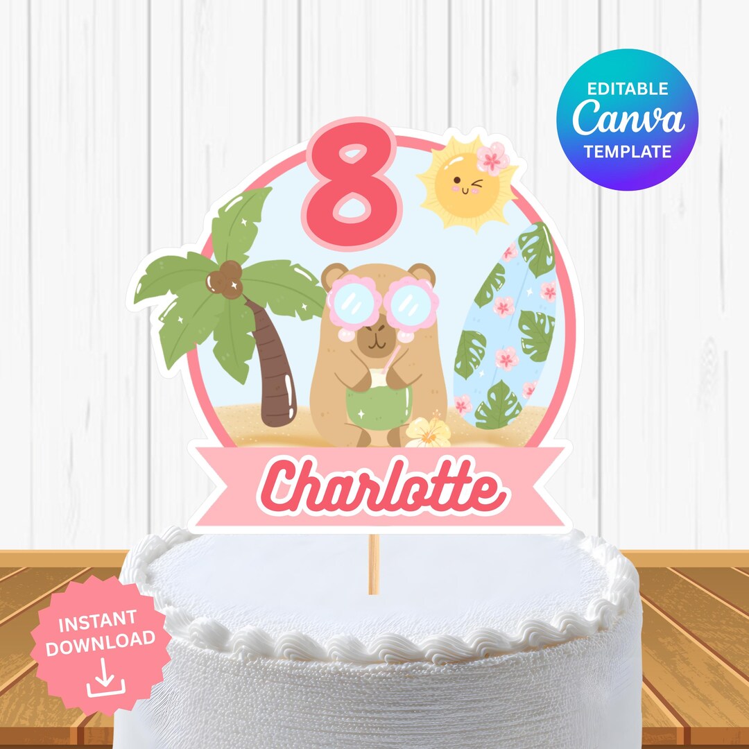 Editable Capybara Pool Party Printable Birthday Cake Topper, Printable ...
