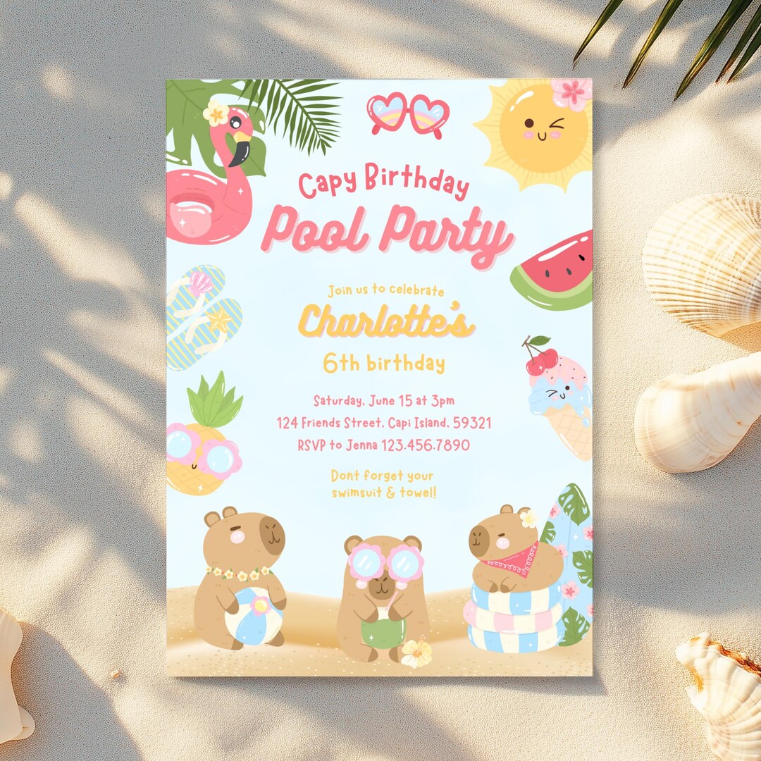 Capybara Pool Party Invitation Editable Canva Template, Summer Capybara ...