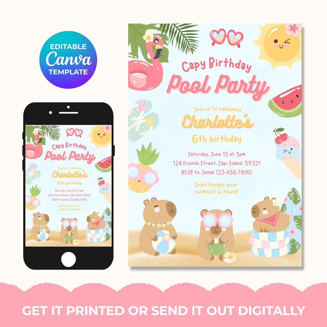 Capybara Pool Party Invitation Editable Canva Template, Summer Capybara ...