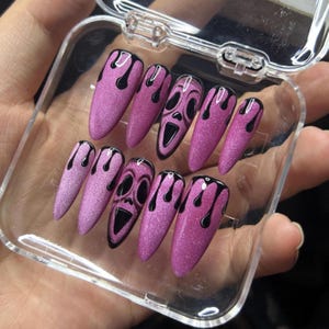 Pink Halloween Scream Demon Gloofy Press On/ False Acrylic Handmade - Etsy