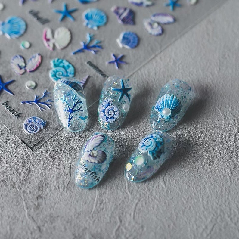 Ocean Mermaid Nail Art Sticker/ 3D Nail Decal/ Shell Summer Nail Decal ...