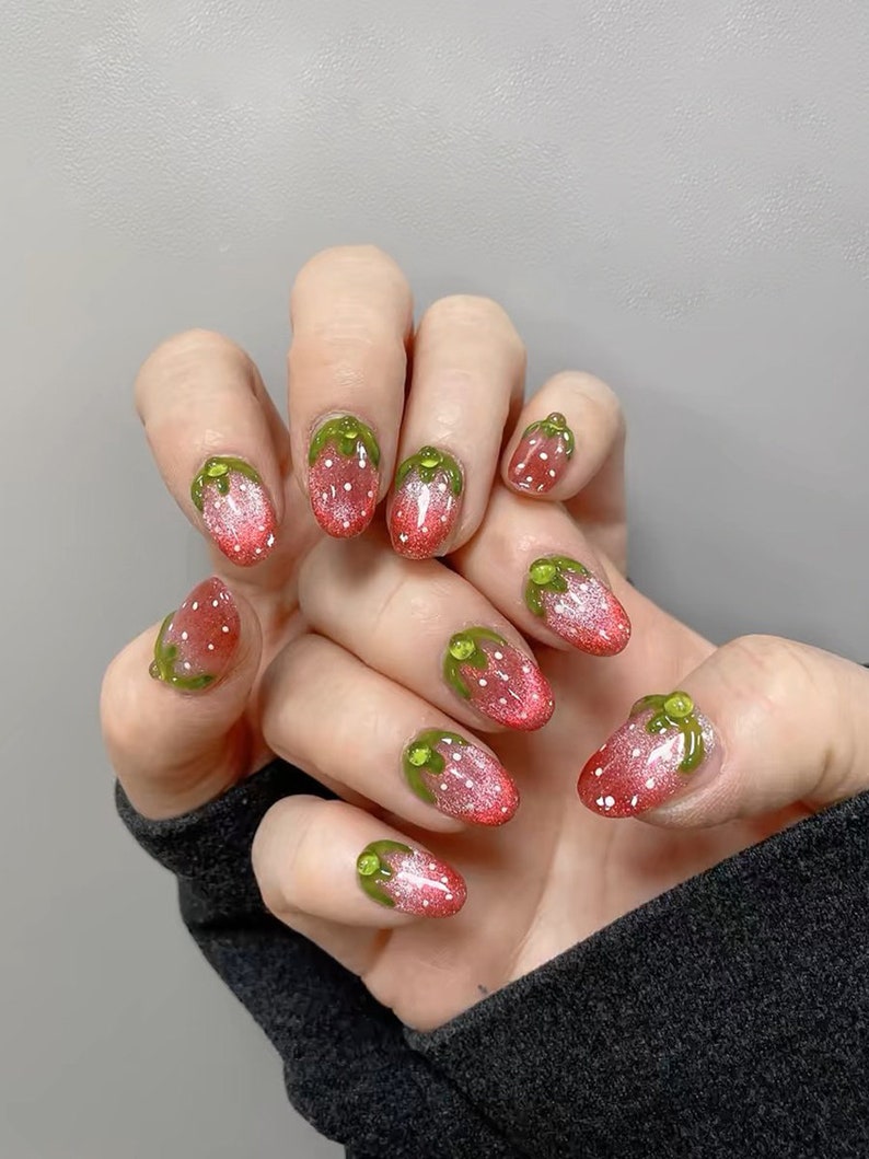 Strawberry Cat Eye Nail Press On/ False Acrylic Extension/ Handmade - Etsy