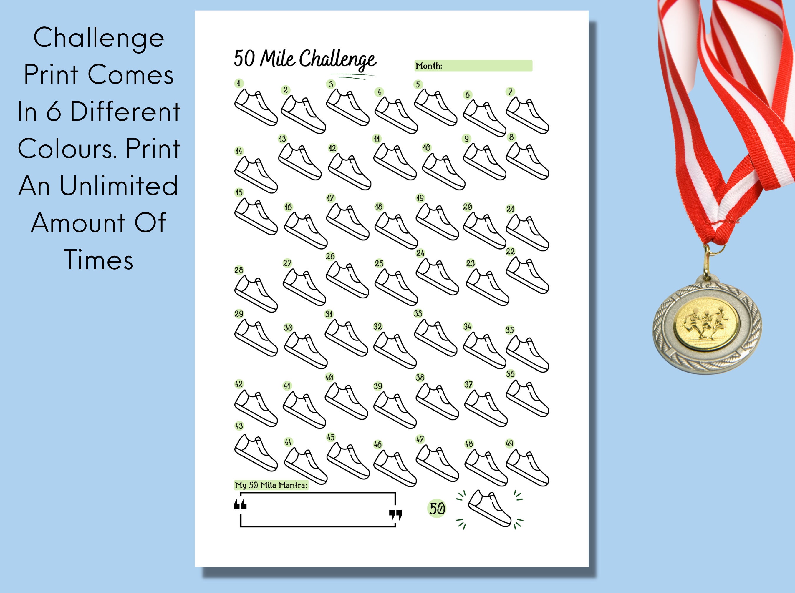 50 Mile Challenge Printable, Running or Walking Challenge Tracker ...