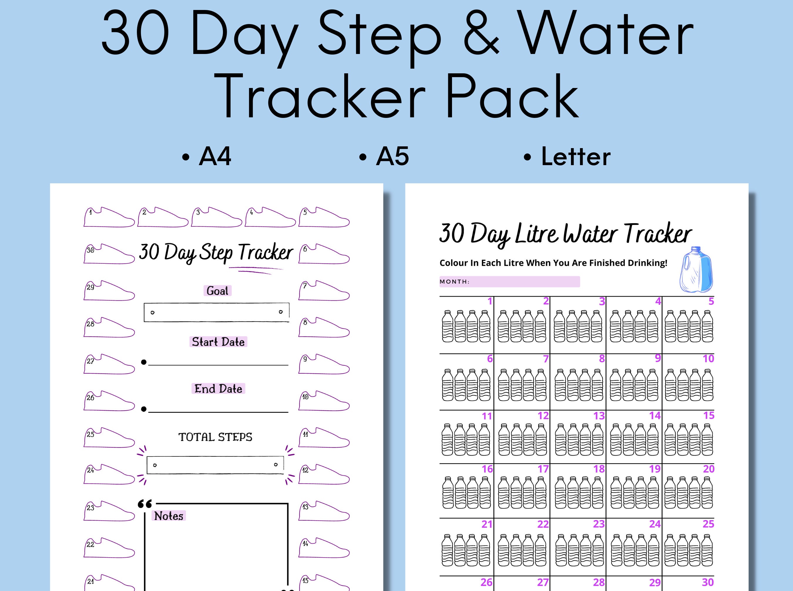 30 Day Step Tracker Printable, 30 Day Water Log, Water Intake Tracker ...