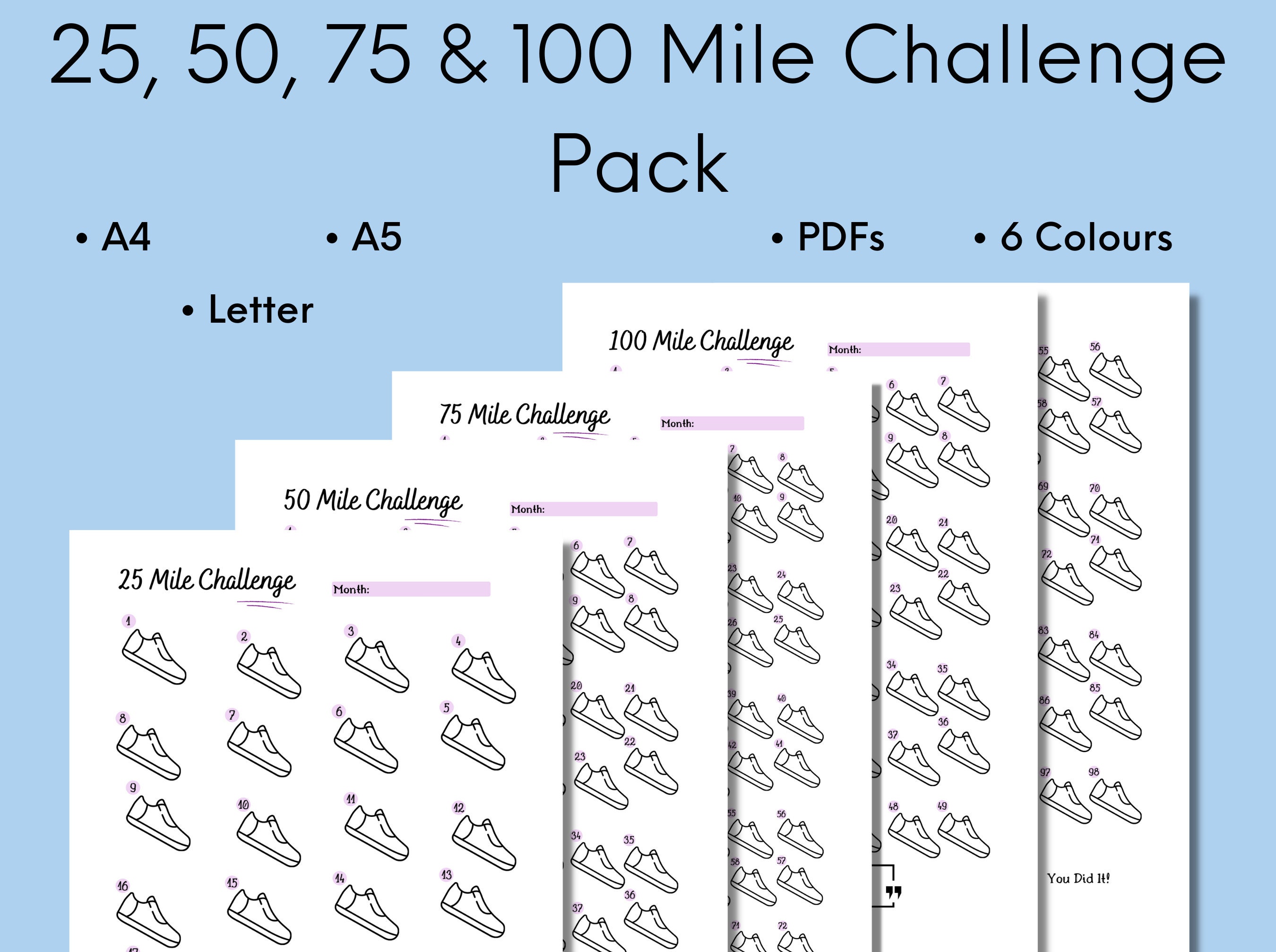 Mile Challenge Pack Printable, Running or Walking Challenge Tracker, 25 ...