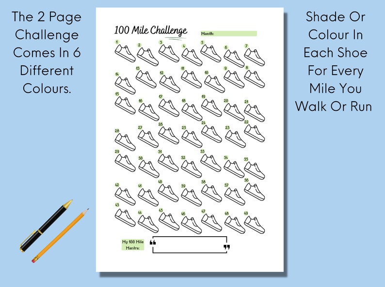 100 Mile Challenge Tracker Printable, Running and Walking (digital ...