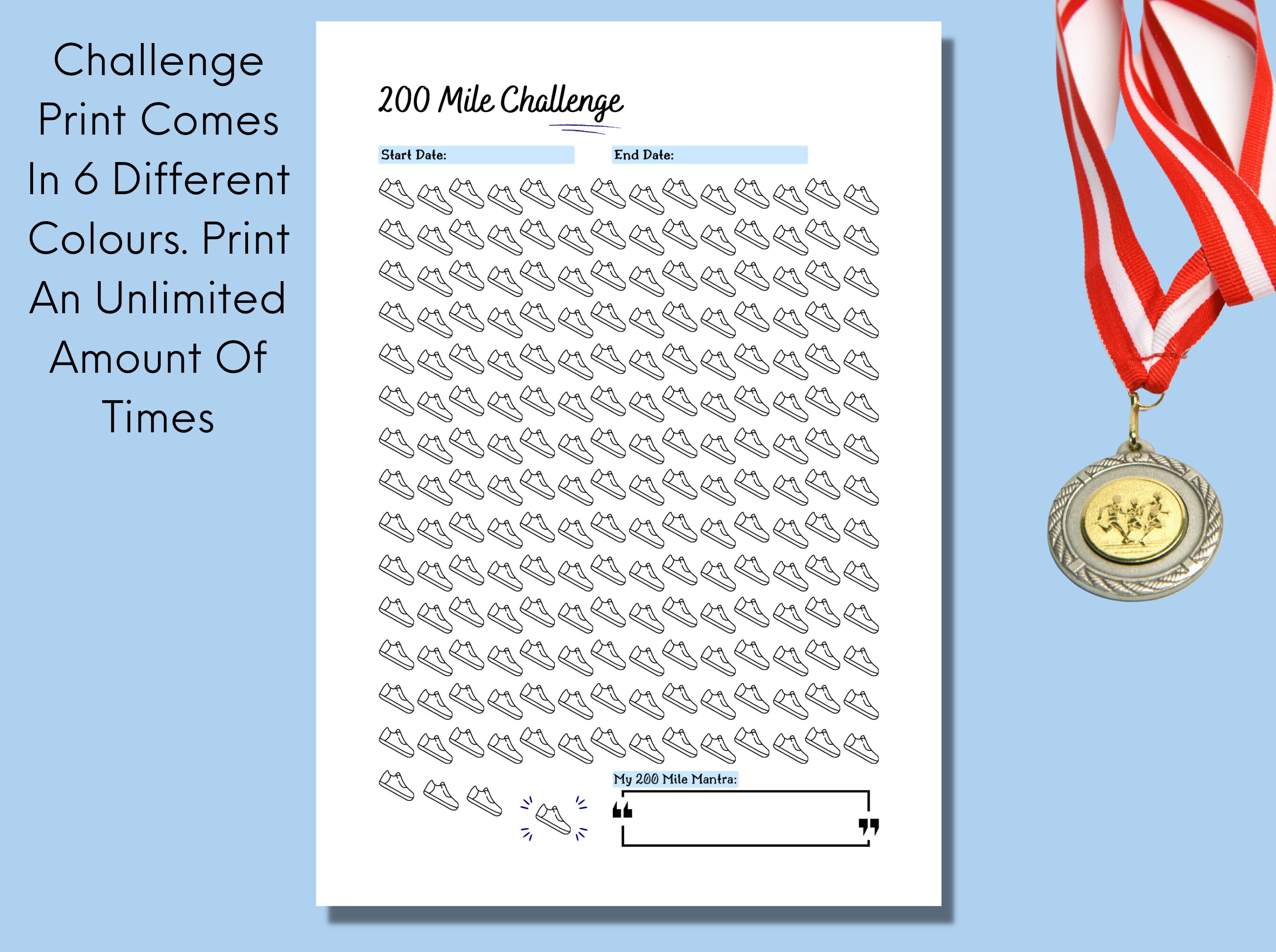 200 Mile Challenge Printable, Walking or Running Challenge Tracker ...