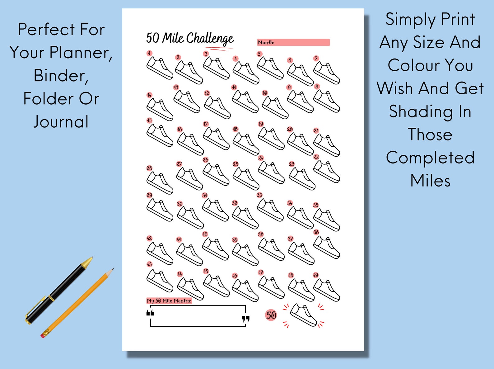 50 Mile Challenge Printable, Running or Walking Challenge Tracker ...