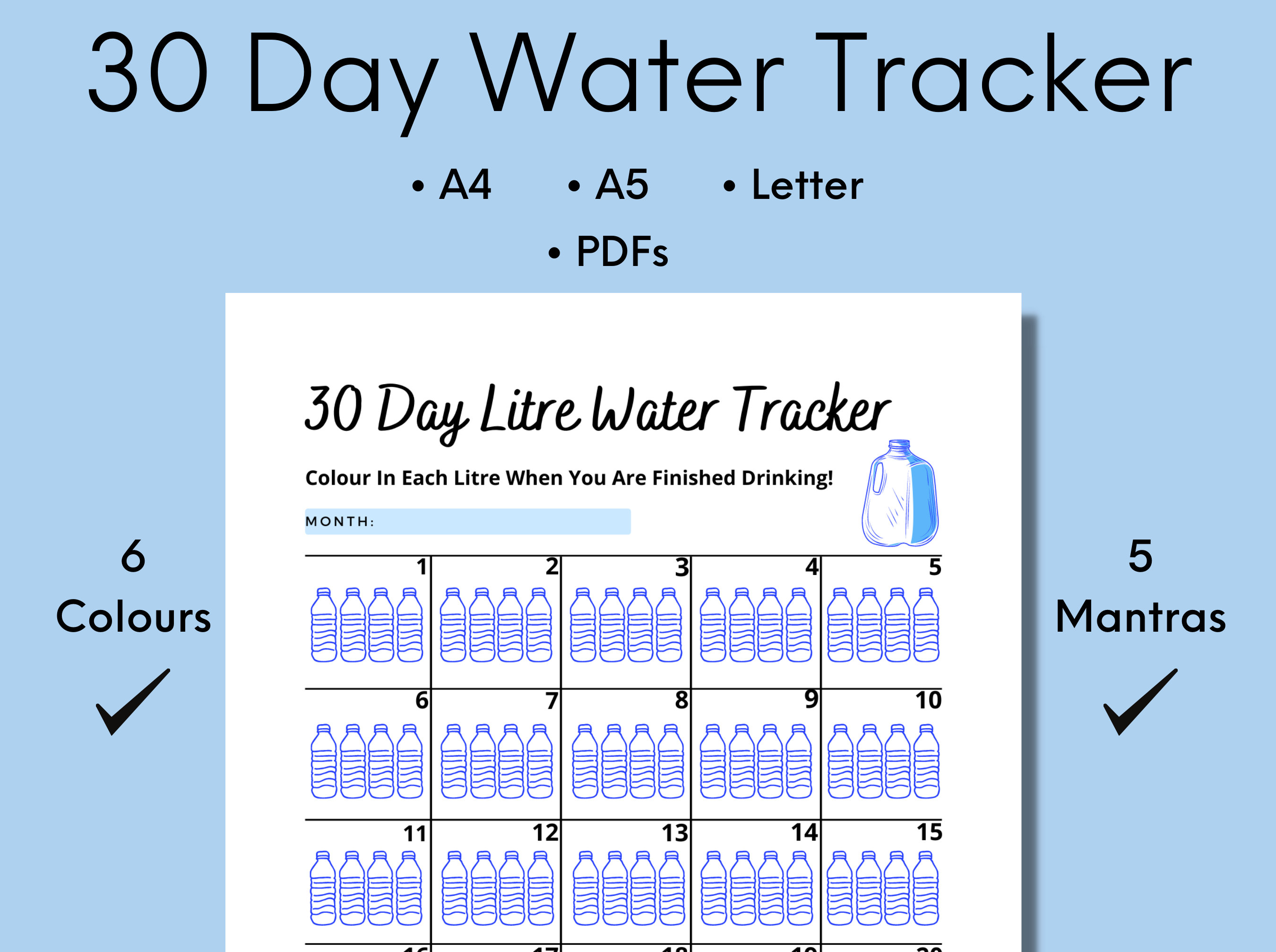 Drink More Water, 30 Day Water Tracker, Monthly Water Challenge ...