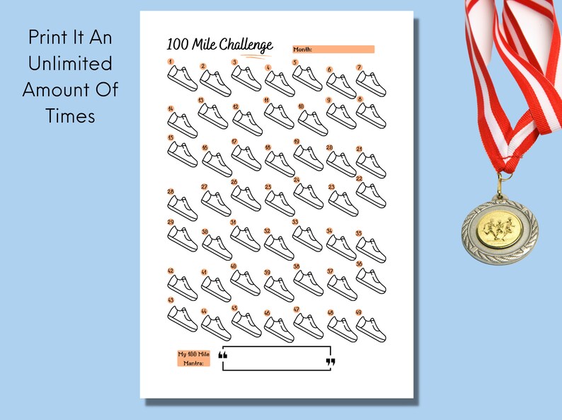 100 Mile Challenge Printable, Walking or Running Challenge Tracker ...