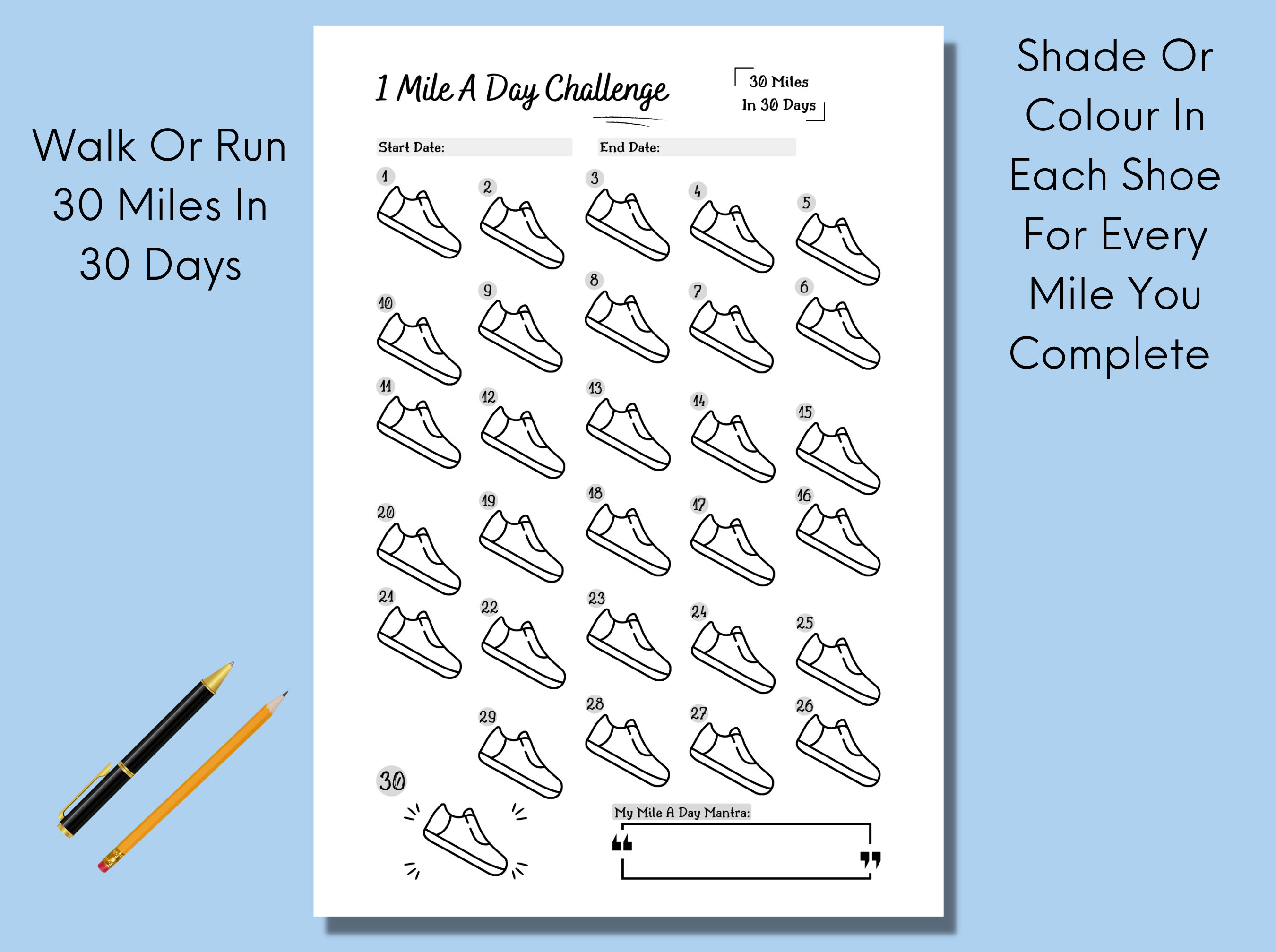 1 Mile A Day Challenge, 30 Day Tracker Printable, 1 Mile A Day Walking ...