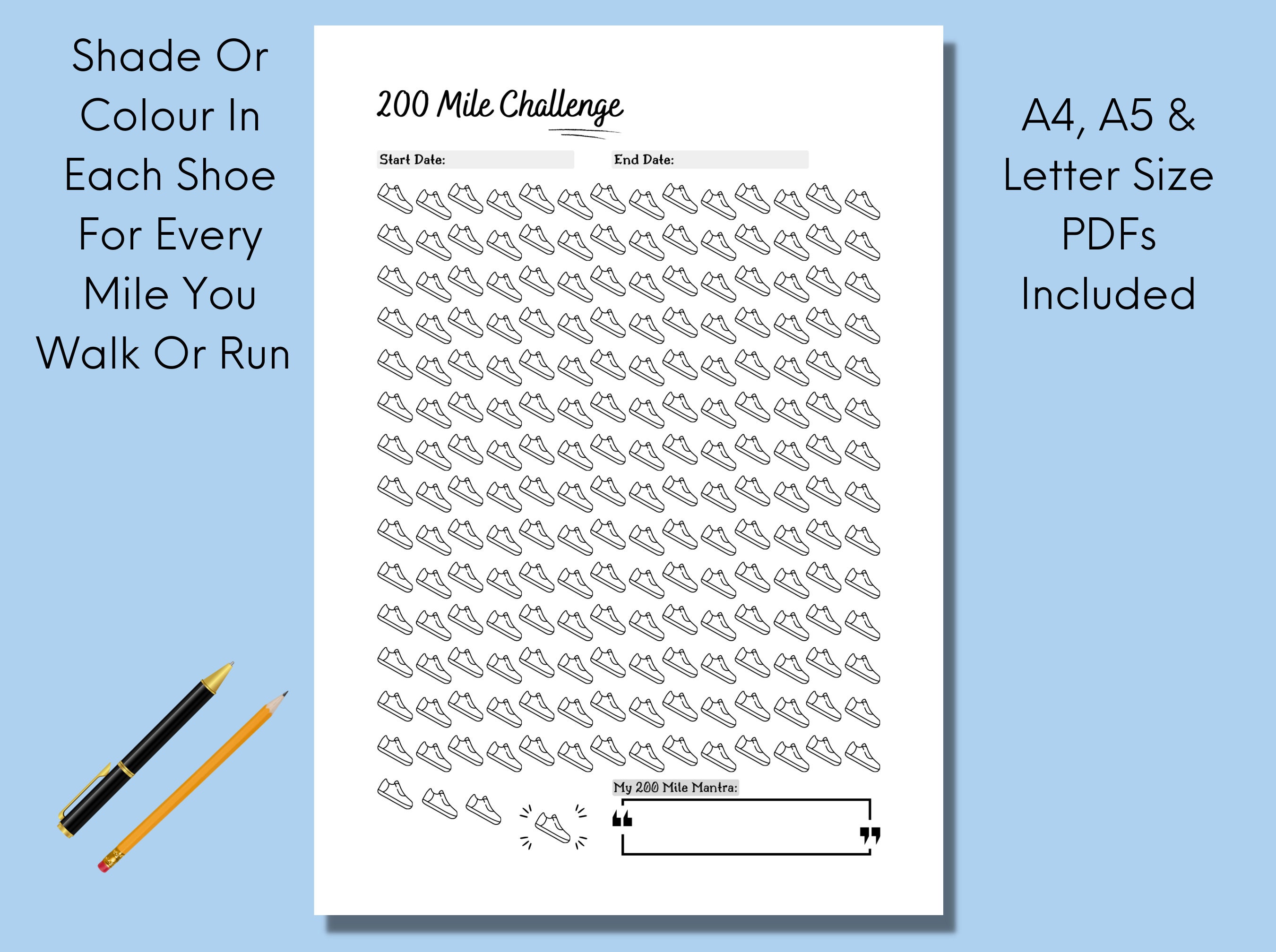 200 Mile Challenge Printable, Walking or Running Challenge Tracker ...