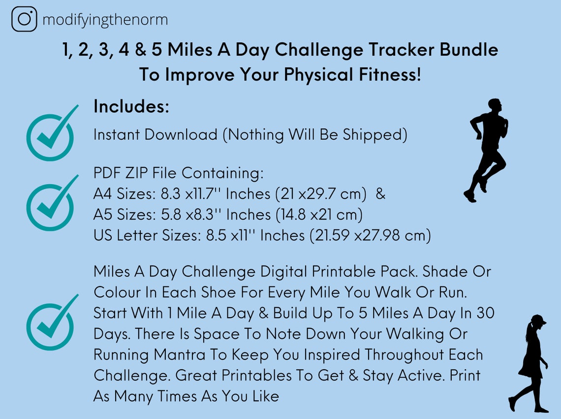 1 to 5 Miles A Day Challenge Pack, Running or Walking Challenge ...