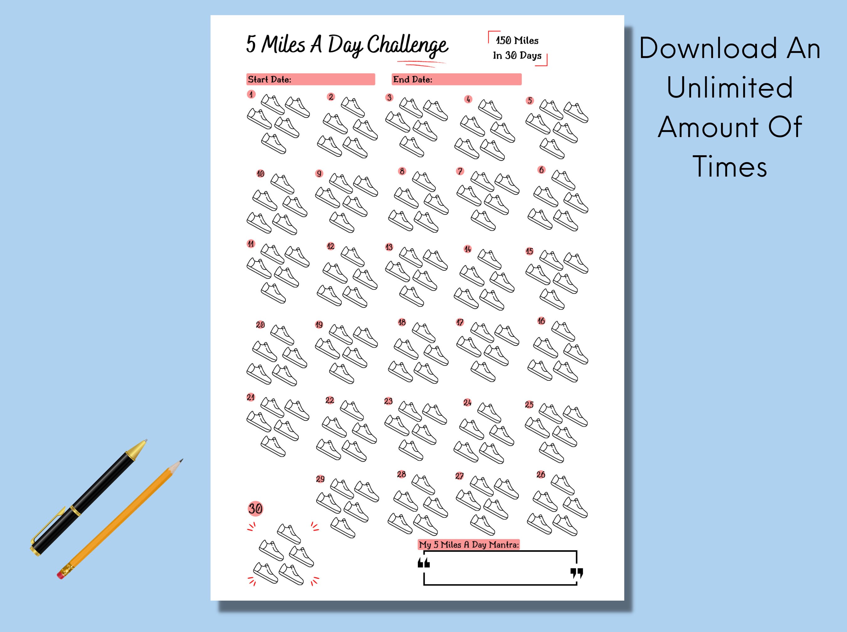 1 to 5 Miles A Day Challenge Pack, Running or Walking Challenge ...