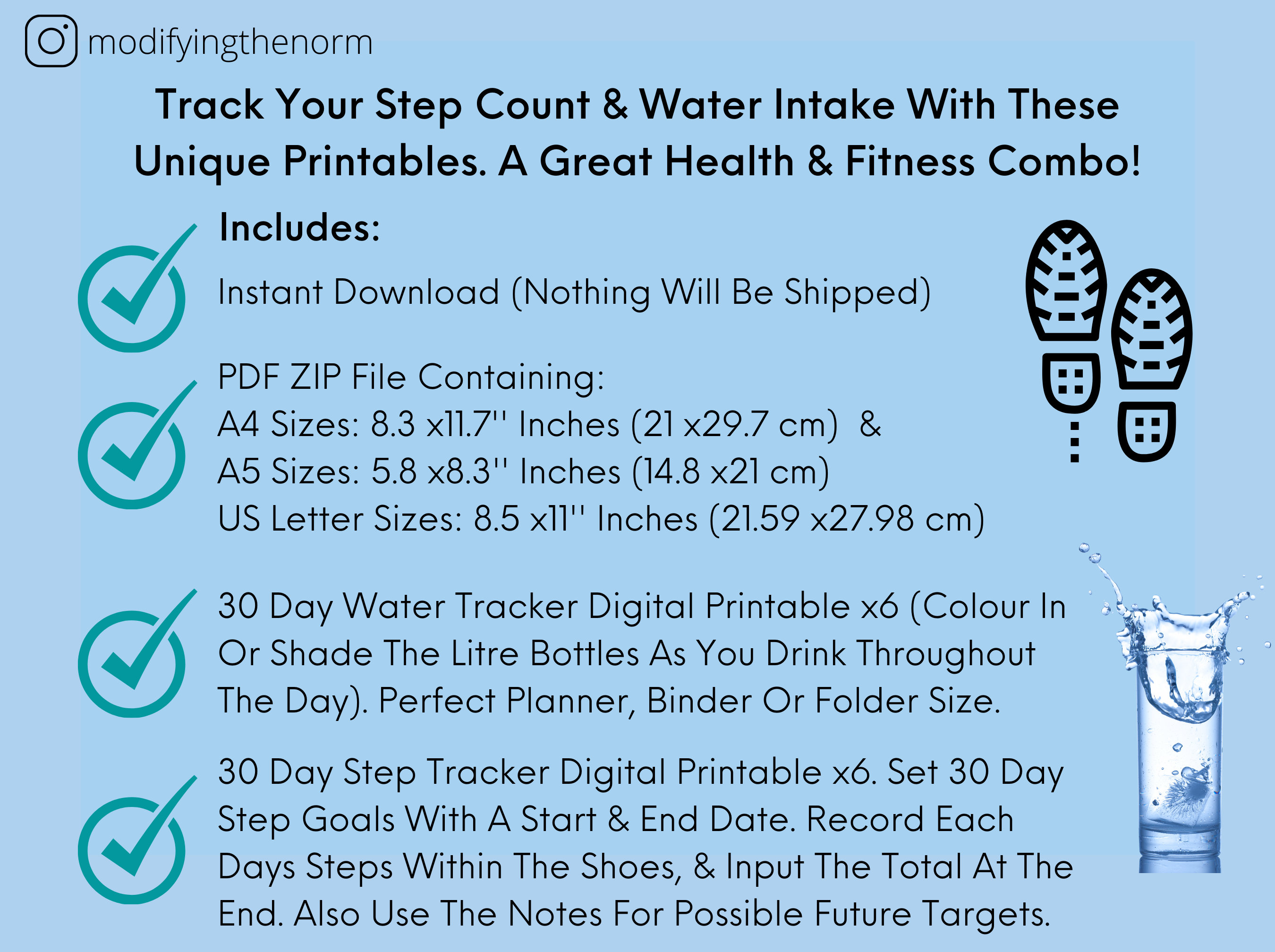 30 Day Step Tracker Printable, 30 Day Water Log, Water Intake Tracker ...