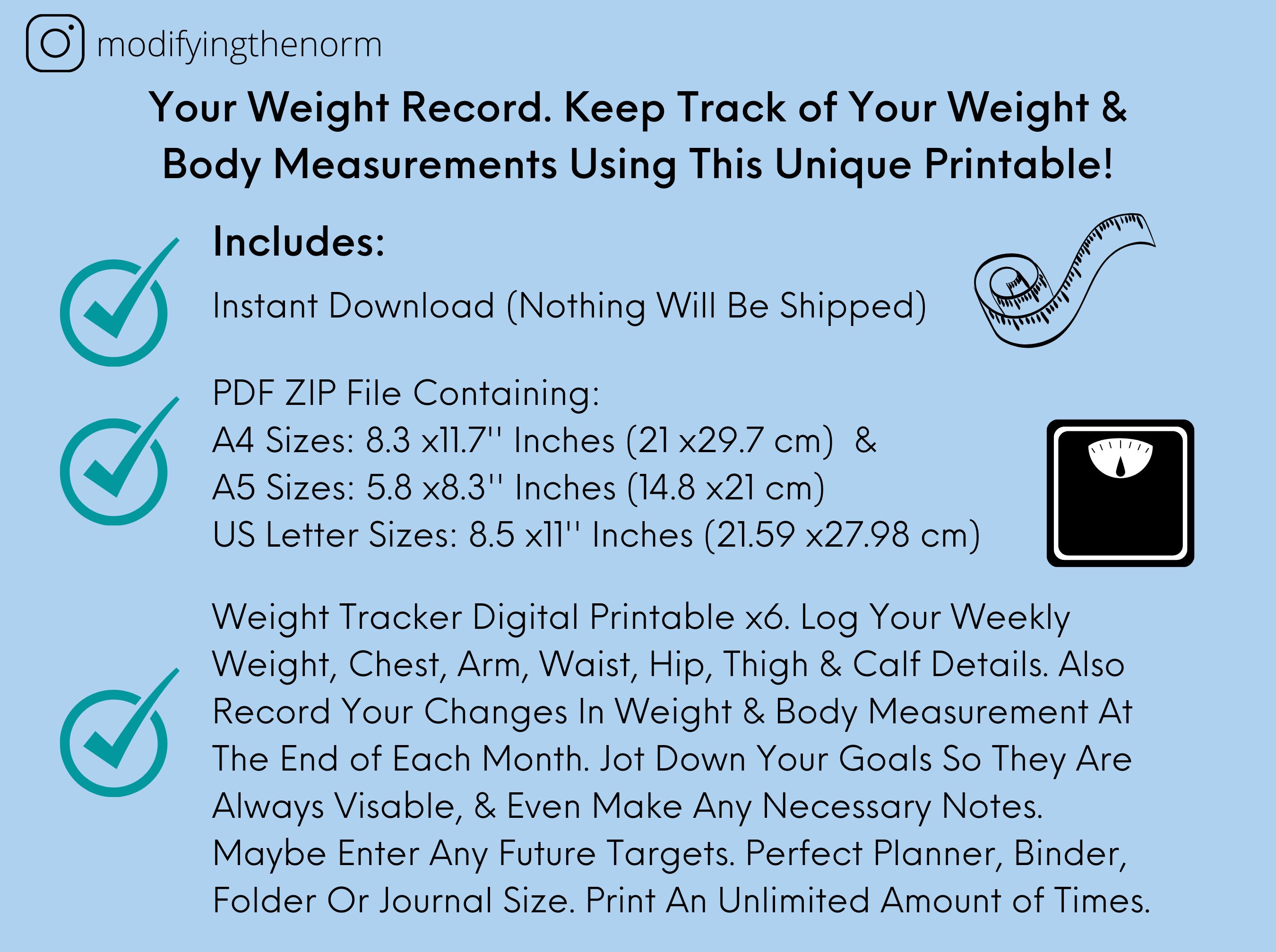 Monthly Weight Tracker Printable, Body Measurement Log (digital ...