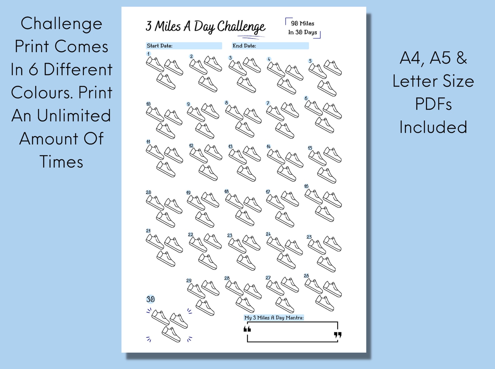 3 Miles A Day Challenge, 30 Day Tracker Printable, 3 Miles A Day ...