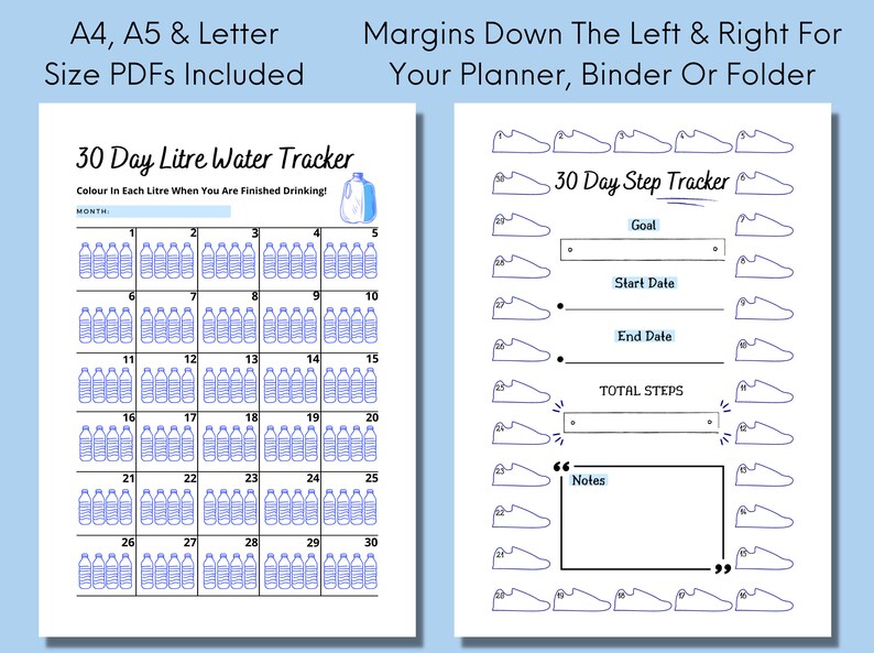 30 Day Step Tracker Printable, 30 Day Water Log, Water Intake Tracker ...