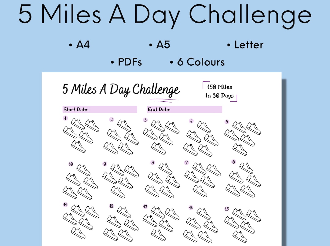 5 Miles A Day Challenge, 30 Day Tracker Printable, 5 Miles A Day ...